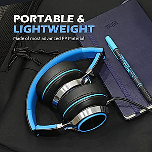 AILIHEN C8 Headphones Wired with Microphone and Volume Control Folding Lightweight Headset for Cellphones Tablets Chromebook Smartphones Laptop Computer PC Mp3/4 (Black/Blue)