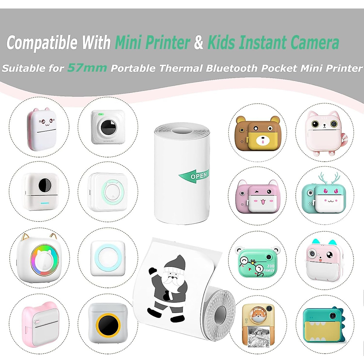 10Pcs Mini Printer Paper, 57 x 25 mm 5 Rolls Self Adhesive Thermal Paper Printable Sticker Paper and 5 Rolls White Printing Paper for Pocket Thermal Printer