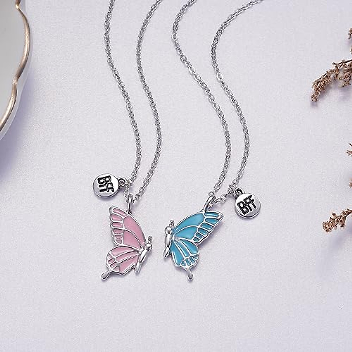 Ralukiia Butterfly Wing Necklace, Two Butterfly Necklaces, 2 Separate Chained Butterfly Pieces, BFF Best Friend Soul Gift for 2, Two Sister Friendship Necklaces
