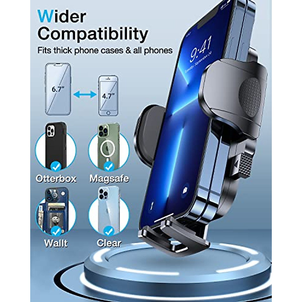 HTU Cell Phone Holder for Car [Powerful Suction Cup Never Fall] Universal Car Phone Holder Mount for Dashboard Windshield Air Vent Long Arm Cell Phone Car Mount Thick Case Heavy Phones Friendly