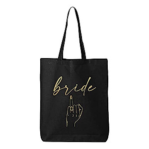 Tees & Tails Bride With Ring Finger Gold Printed Black Tote Bag (Bride With Ring Finger (1 Qty))