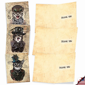 The Best Card Company 10 Assorted Thank You Notecards Bulk Box Set 4 x 5.12 Inch with Envelopes (10 Designs, 1 Each) Steampunk Cats M6554TYG