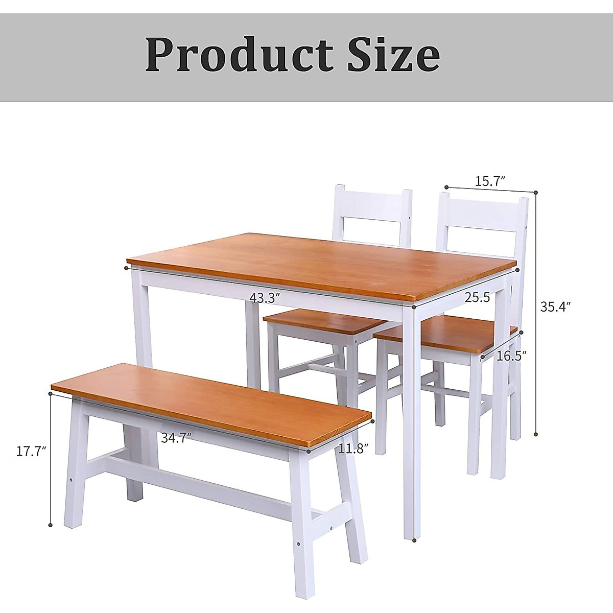 Alohappy Dining Table Set for 4, Solid Wood Kitchen Table with 2 Chairs and Bench, 4-Person Space-Saving Dinette Table for Kitchen, Dining Room, Sturdy Structure Easy Assembly Orange + White