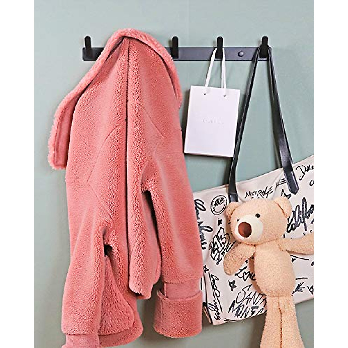 Lonnom Coat Rack Wall Mounted - 6 Hook Modern Glue and Screw Heavy Duty Design Hanger for Coat Hat Towel Purse,Black