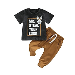 Easter Baby Boys Pants Set, Short Sleeve Crew Neck Letters Rabbit Print T-Shirt + Elastic Waist Sweatpants (Dark Gray, 2-3 Years)