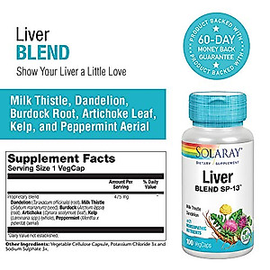 SOLARAY Liver Blend SP-13 | Healthy Liver & Kidney Support with Milk Thistle, Dandelion, Artichoke Leaf, Kelp, Peppermint Aerial & More | 100 VegCaps