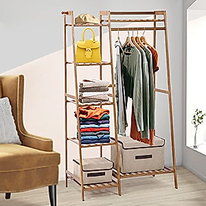 Bamboo Garment Rack with Shelves, Storage Box Set Included, Clothing Racks with Hooks, Clothes Rack Storage Organizer, Clothes Rack with Shelf, Space Saving Clothes Rack, Multifunctional Plant Rack