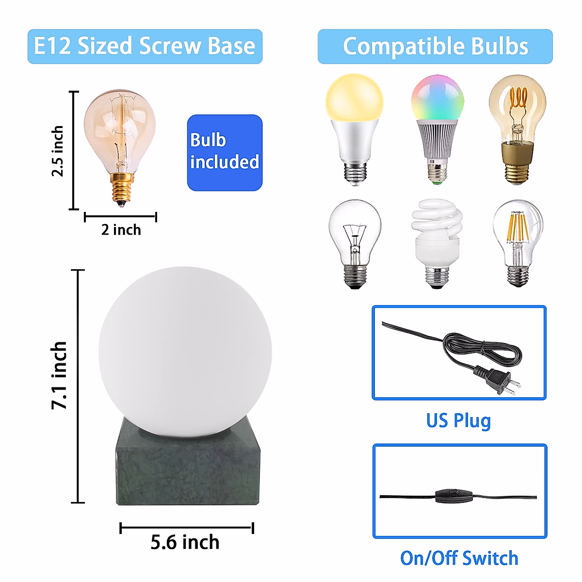 FLORNIA Modern Industrial Table Lamp, Unique Bedside Nightstand Desk Lamp with Glass Shade and Marble Base for Bedroom, Living Room, Office Study, Decoration (Include Bulb G45)