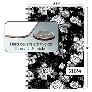 HARDCOVER 2024 Planner: (November 2023 Through December 2024) 5.5"x8" Daily Weekly Monthly Planner Yearly Agenda. Bookmark, Pocket Folder and Sticky Note Set (Monochrome Floral)
