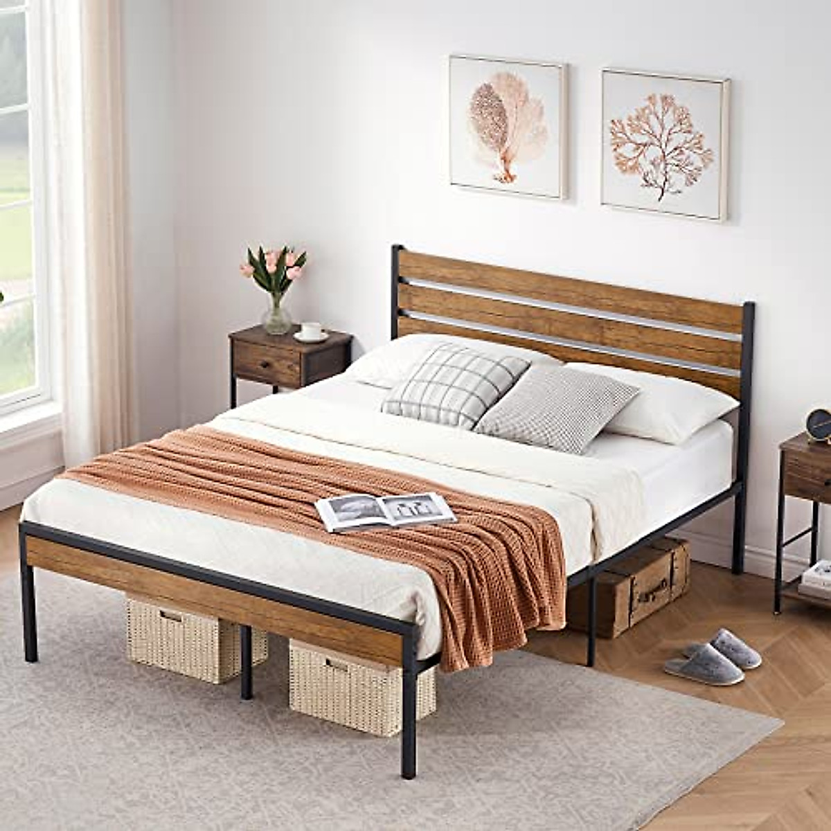 Alkmaar Bed Frame with Wood Headboard and Metal Slats Support Platform Bed Frame with Storage No Box Spring Needed (Queen) Black