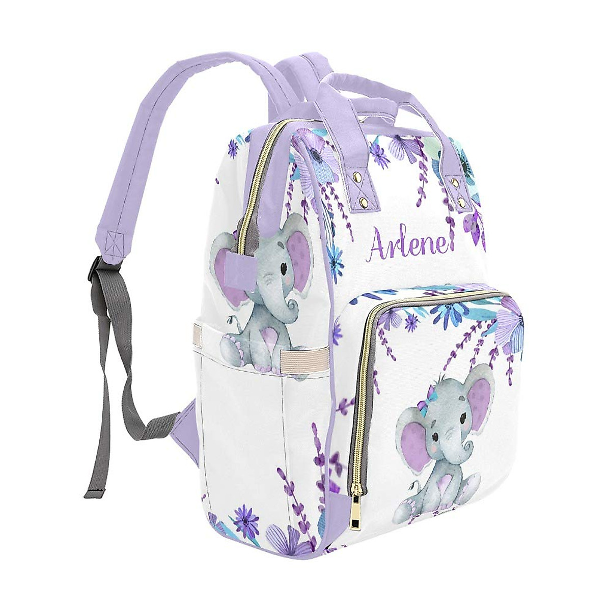 Elephant Purple Personalized Diaper Bag Backpack Tote with Name,Custom Travel Nappy Mommy Bag Backpack