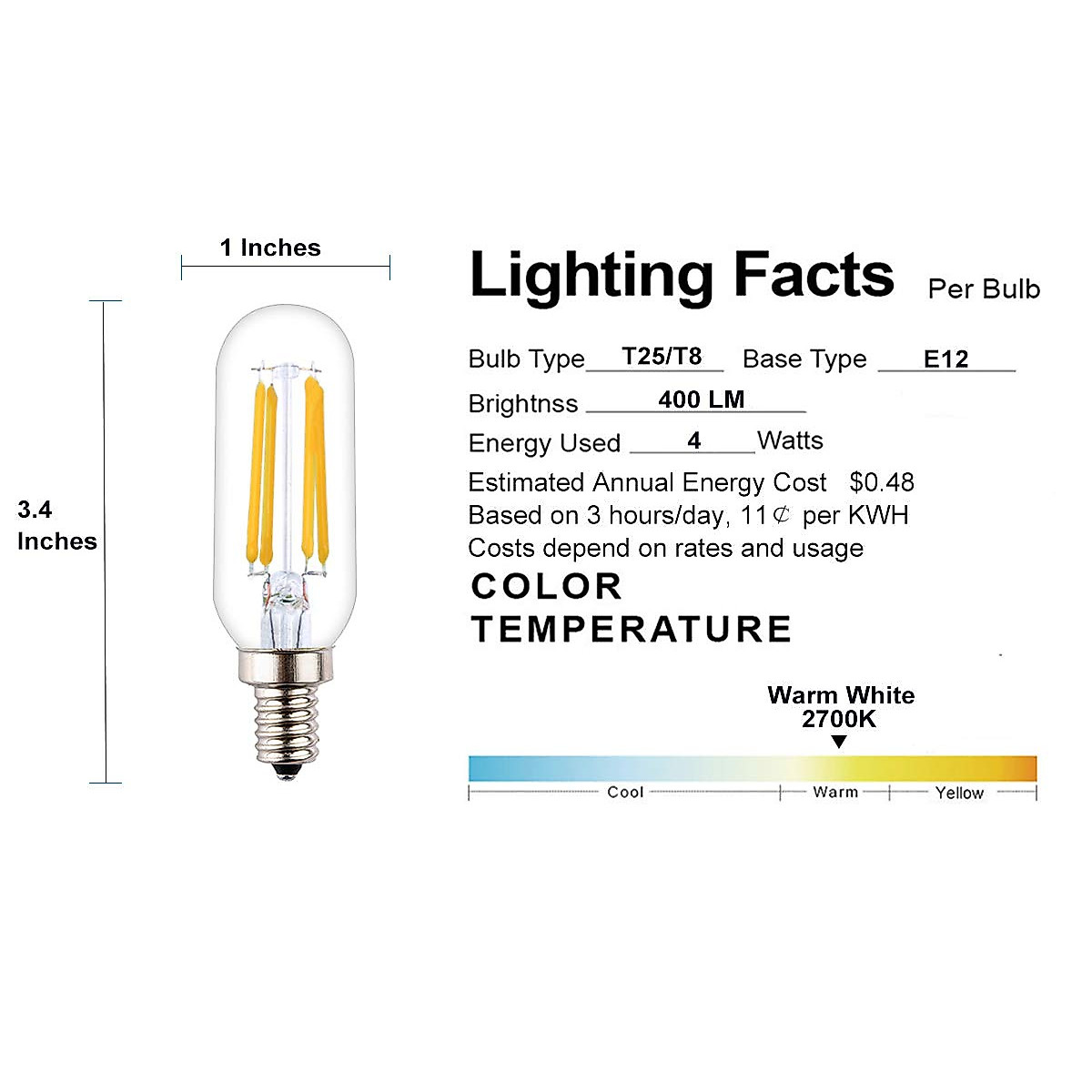 OPALRAY T8(T25) Mini Tube LED Bulb, 4W Dimmable, 400Lm 40W Incandescent Equivalent, Candelabra Bulb E12 Base, 2700K Warm White Soft Lighting, Clear Glass Small Tubular Tip, Pack of 5