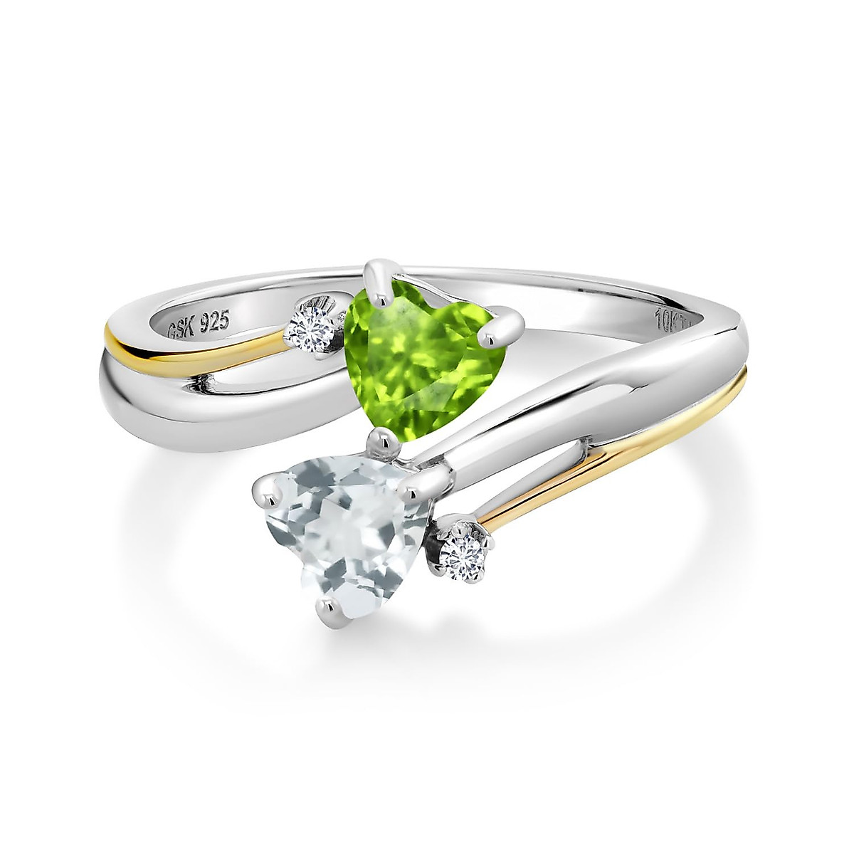 925 Sterling Silver and 10K Yellow Gold Green Peridot Sky Blue Aquamarine and Lab Grown Diamond 2 Heart Couple Engagement Mother Ring (0.94 Cttw, Gemstone Birthstone, Available In Size 5, 6, 7, 8, 9)