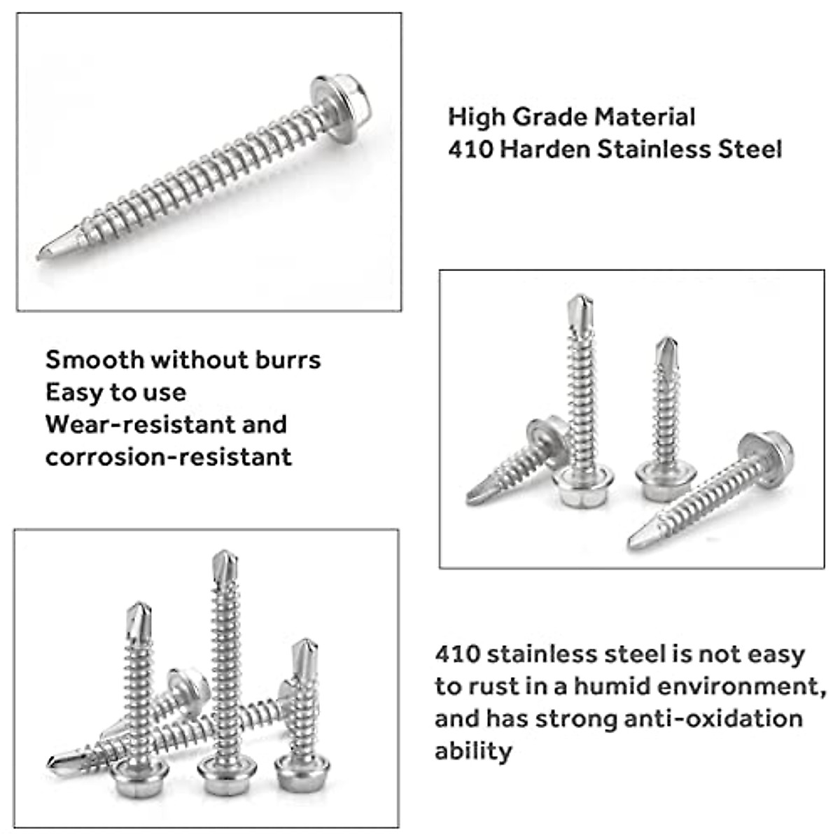 OIZEN 410PCS 410 Stainless Steel Self Drilling TEK Screw Assortment Kit (Silver),Hex Washer Head & Wafer Head Screws,Multiple Length