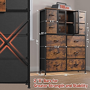 EnHomee Dresser for Bedroom with Mesh Door Tall Dressers & Chests of Drawers with 10 Fabric Drawer Morden Dresser Organizer,Metal Frame,Wood Top,for Closet,Entryway,Rustic Brown 38" Wx11.81 Dx48.1 H