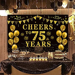 Trgowaul 75th Birthday Decorations for Women Men, Cheers to 75 Years Banner, Black Gold 75th Birthday Backdrop, 75th Wedding Anniversary Decorations for Couple, Party Sipplies Photography Background