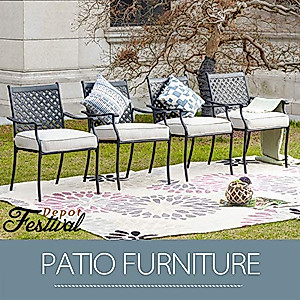 Festival Depot 4 Piece Outdoor Patio Furniture Outdoor Wrought Iron Dining Chairs Set for Porch Lawn Garden Balcony Pool Backyard with Arms and Cushions (4Pcs) (Beige)