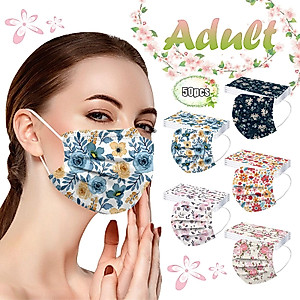 50PC Flower Disposable Face_Masks for Women, 3-Ply Colorful Floral Breathable Face_Mask with Nose Wire for Glasses Wearers, Protective Facemask with Printed Design for Adults Holiday Party