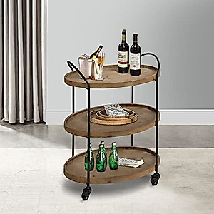 The Urban Port 23-Inch Wood Bar Cart with 3-Tier Storage Trays and Metal Frame, Brown and Black