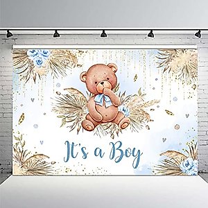 MEHOFOND Boho Bear Baby Shower Backdrop for Boy Baby Shower Party Decorations Bohemian Pampas Gass It's a Boy Baby Shower Photography Background Gold Glitter Dots Decor 7x5ft