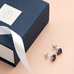 Peora Solid 14K White Gold Amethyst Stud Earrings for Women, Genuine Gemstone Birthstone Classic Solitaire Princess Cut, 6mm, 2 Carats total, Friction Back