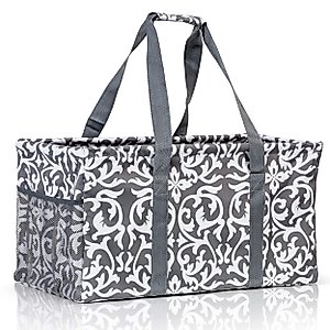 Lucazzi Extra Large Utility Tote Bag - Oversized Collapsible Reusable Wire Frame Rectangular Canvas Basket With Two Exterior Pockets For Beach, Pool, Laundry, Car Trunk, Storage - Damask Gray