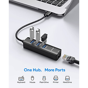 USB to Ethernet Adapter, ABLEWE 3 Ports USB 3.0 Hub with RJ45 1Gbps Gigabit Ethernet Adapter, for MacBook Air 2017, iMac, XPS, Surface Pro, Linux, Chromebook, Notebook and More - Black