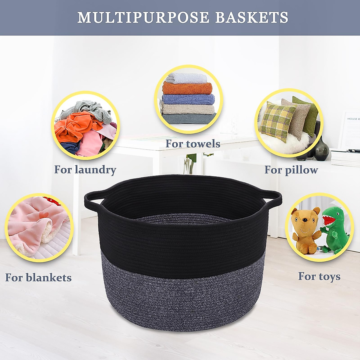 BOSROTY Large Laundry Hamper Basket for Clothes 72L, Nursery Hamper, Blanket Basket, Clothes Basket Laundry, Woven Storage Basket, Toy Basket, Cotton Rope Laundry Basket, 16”x 22”, Black & Gray