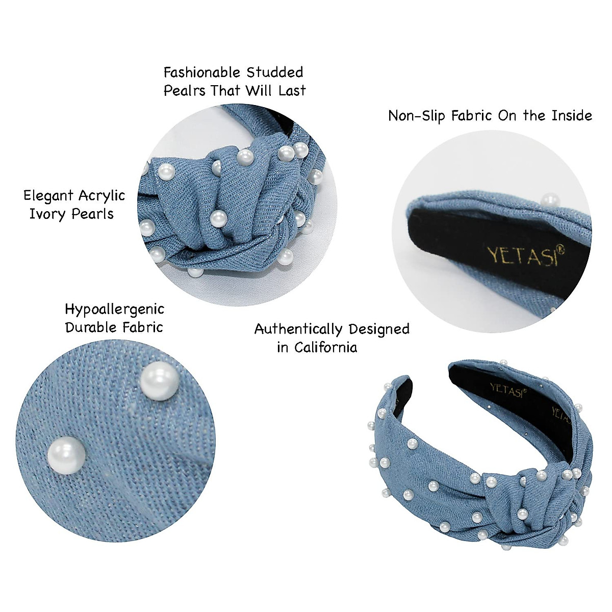 YETASI Denim Blue Pearl Knotted Headband for Women. Comfy Soft Fabric Top Knot Headband. Light Blue Jean Headband for Women Fashion Gets Compliments.
