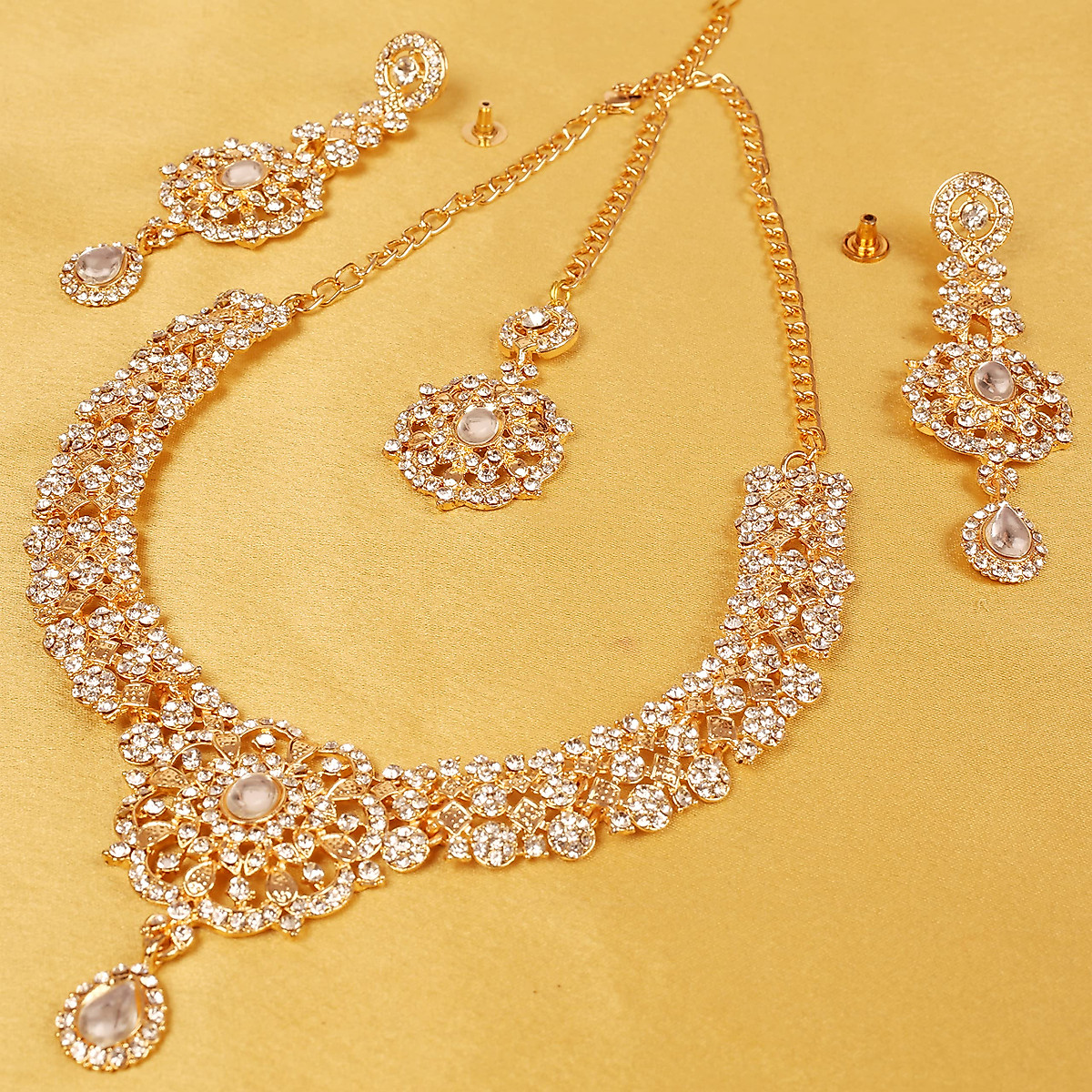 Touchstone Indian Bollywood Contemporary Fabulous Style Definition Rhinestone Designer Jewelry Wedding Necklace Set In Gold Tone For Women.