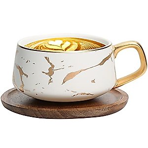 ENJOHOS 10 Oz Ceramic Tea Cup Coffee Cup Set with Wooden Saucer European Golden Hand Cup Saucer Set(White)