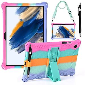 DETUOSI for Galaxy Tab A8 10.5 Case, Soft Silicone Lightweight Protective Smart Cover Case for Galaxy Tab A8 10.5 inch 2022 SM-X200/X205/X207 with Shoulder Strap & Stylus Pen, Dazzling Pink