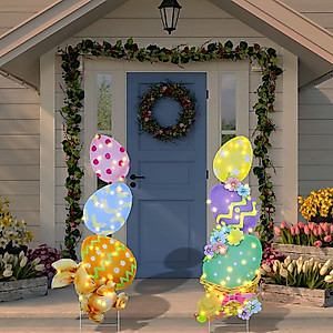 Easter Yard Signs with LED Lights 2 PCS Chick and Eggs Stake Signs Plastic Easter Egg Yard Decoration Large Easter Outdoor Sign Yard Lawn Bunny Decor for Easter Home Yard Lawn Party Outdoor Decoration