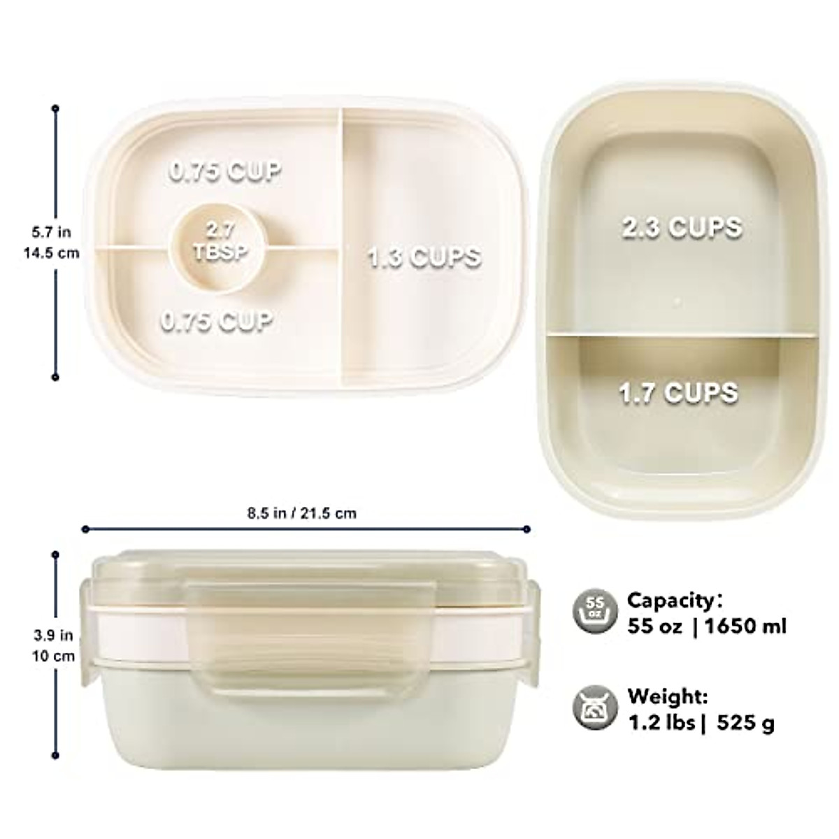 Caperci Stackable Bento Box Adult Lunch Box - 3 Layers All-in-One Lunch Containers with Multiple Compartments for Adults & Kids, 55 oz Large Capacity, Built-in Utensil Set & BPA Free (White)