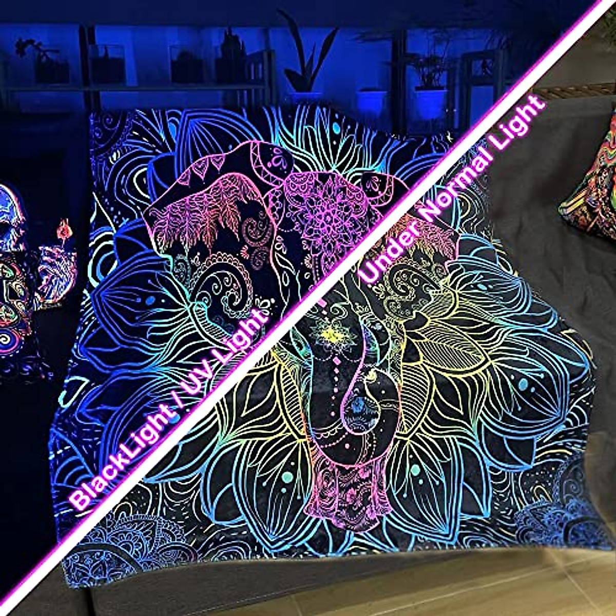 Glow in The Dark Mandala Elephant Throw Blanket, Blacklight Uv Reactive Luminous Blankets Super Soft Plush Flannel Furry Fleece Blanket for Sofa Chair Bed Decor Unique Gifts 60x50 Inches