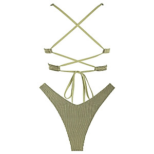 ZAFUL Womens Bikini Set Cutout Scoop Neck Two Piece Bathing Suit Criss Cross Back Tie Swimwear Green