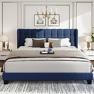 WEEWAY Queen Size Wingback Upholstered Platform Bed Frame, Box-Tufted Headboard, Wooden Slats, No Box Spring Needed, Easy Assembly, Dark Blue