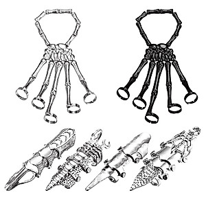Sanfenly Halloween Skull Skeleton Hand Bracelet with Ring, Armour Knuckle Full Finger Double Loop Activity Ring Punk Rock Gothic Cool