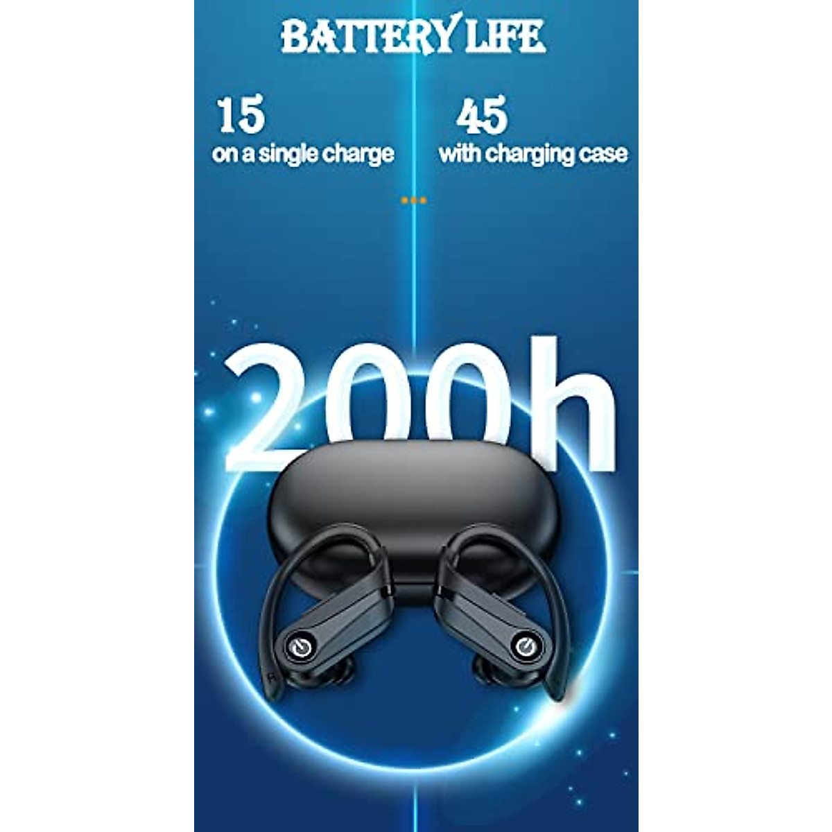 Bluetooth Headphones Wireless Earbuds 48hrs Playback IPX7 Waterproof Earphones Over-Ear Stereo Bass Headset with Earhooks Microphone LED Battery Display for Sports/Workout/Gym/Running GNMN Black