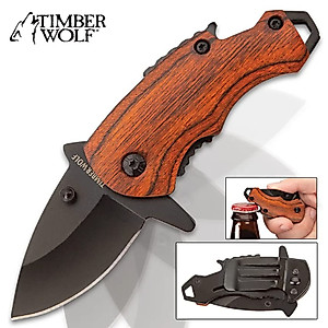 TIMBER WOLF Money Clip Pocket Knife - Stainless Steel Blade, Non-Reflective Finish, Pakkawood Handle Scales, Assisted Opening, Thumb Stud, Lanyard Hole, Must Have Everyday Carry - 2 1/2" Closed Length