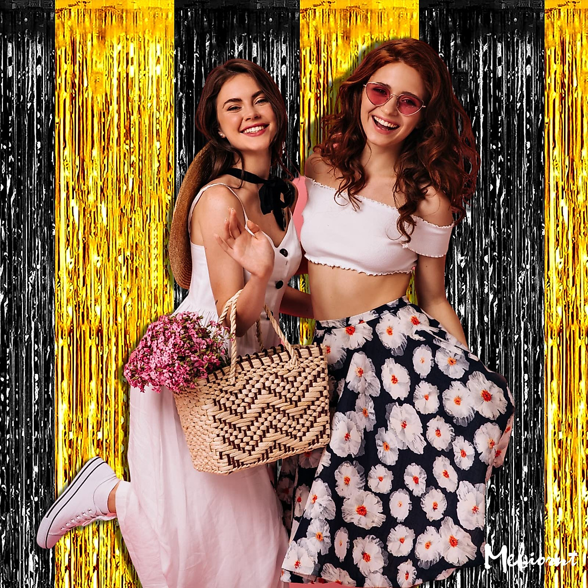 4 Pack 3.2Ft x 6.6Ft Black and Gold Fringe Curtain Backdrop, Metallic Tinsel Foil Fringe Streamers Curtains Background for Photo Booth Birthday Wedding Graduation Carnival Party Decorations