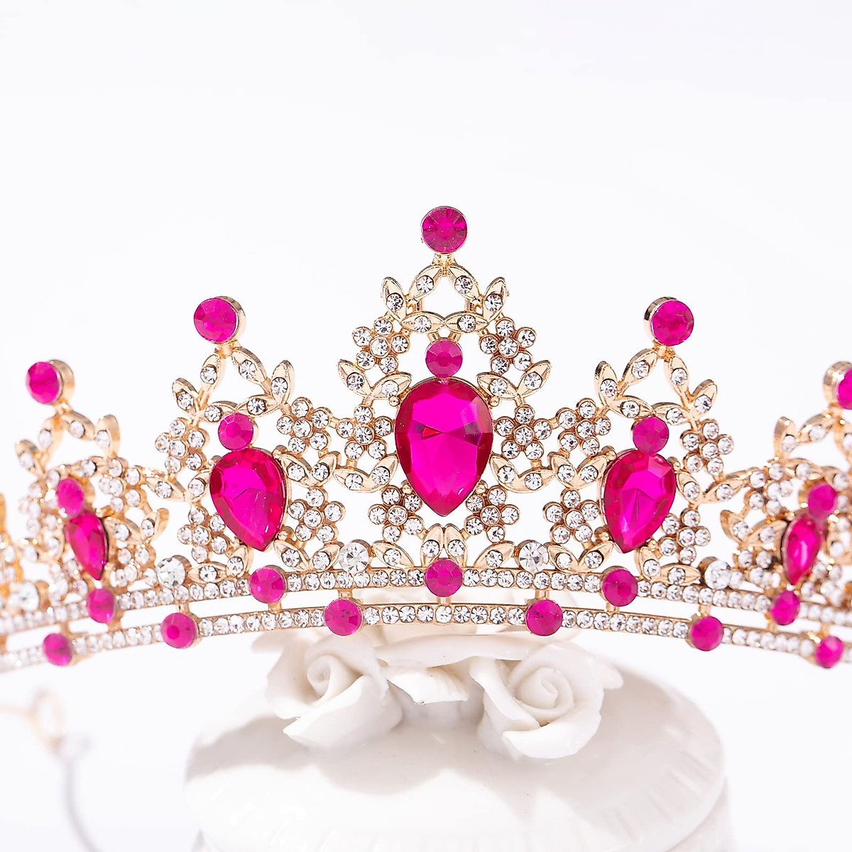 FORSEVEN Crystal Tiaras for Women, Wedding Tiaras and Crowns for Women Tiaras for Girls Birthday Party Princess Crown Hair Accessories Bride Rhinestone Headbands (Gold+Rose Red)