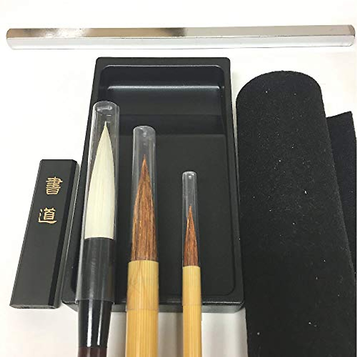 Japanese calligraphy set 9 parts | Shodo calligraphy pen (three brushes) and paper, inkstone and ink stick, non slip underlay, Paperweight, with clear case (Dark Blue edge/Clear case)