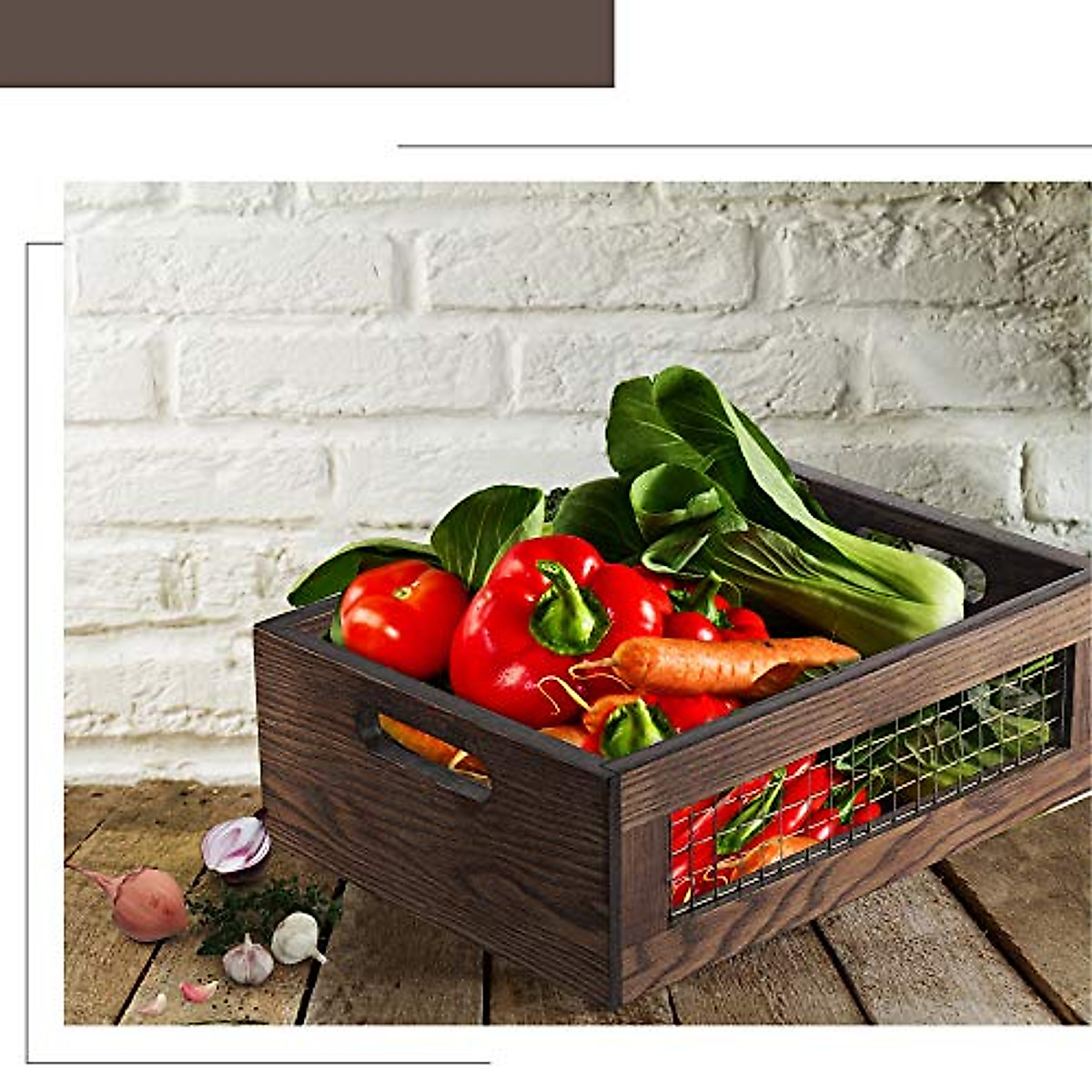 NAGAWOOD Wooden Countertop Baskets Set of 2 for Kitchen, Bathroom, Pantry|Wall Mount Upgrade with Full Accessories| Rustic Nesting Boxes|Wooden Organizer Crates for Fruit, Vegetables, Produce, Bread