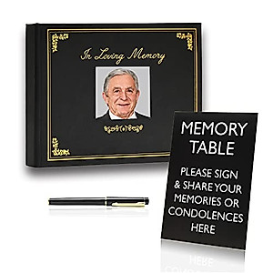 Funeral Guest Book For Memorial Service Set, Celebration of Life Sign in Book with Picture Pocket, Pen and Memory Table Card, In Loving Memory Guestbooks (Gold Embossed Leather Hardcover)