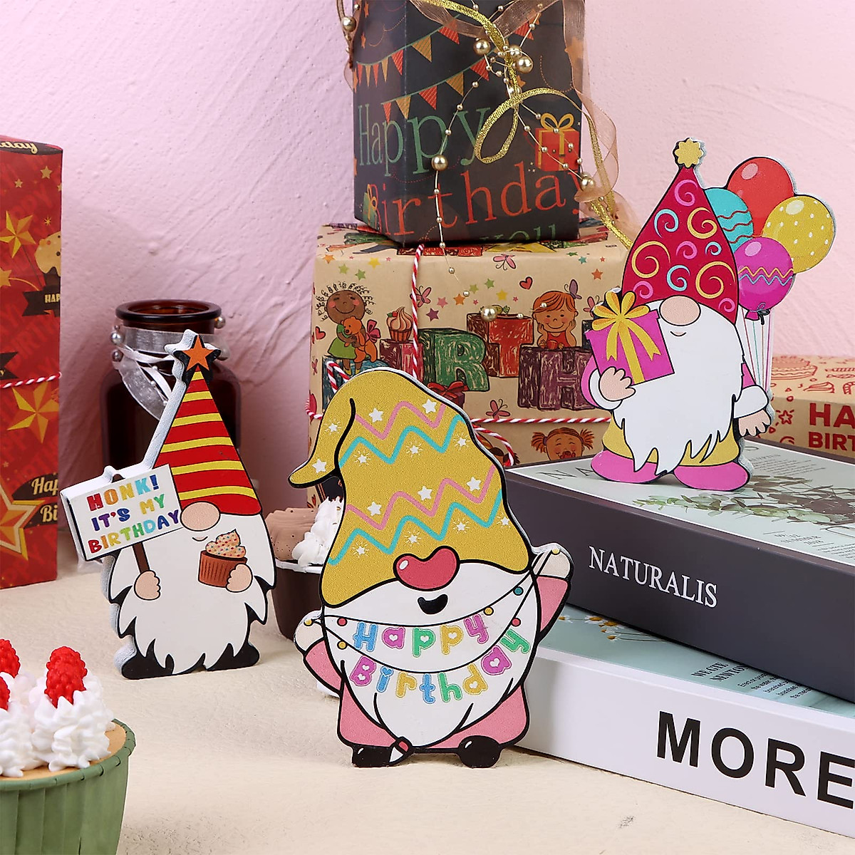 OBANGONG 3 PCS Wooden Happy Birthday Gnomes Self-Standing Gnome Table Decorations Birthday Gnomes Table Signs Tray Gnome Decor for Home,Garden Birthday Party