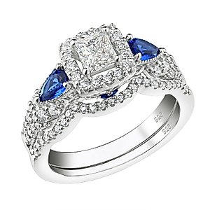SHELOVES Princess Pear Blue Sapphire Sterling Silver Engagement Ring Wedding Ring Set for Women 6