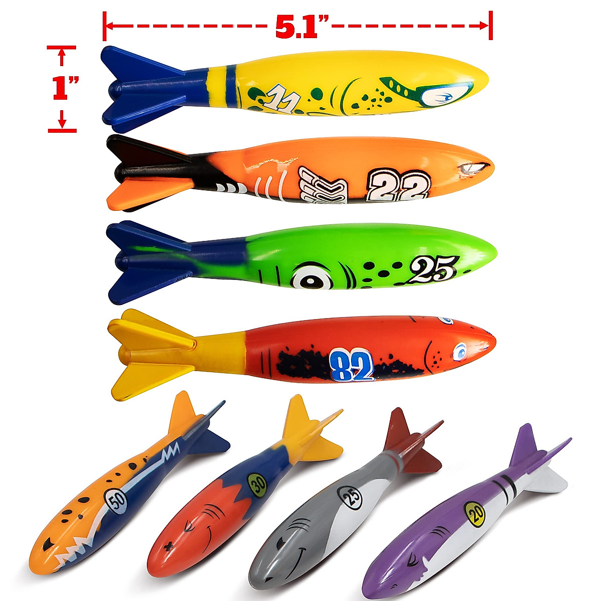 Novelty Place 8 Pack Torpedo Bandits Diving Toy Rockets - Swimming Pool Underwater Game for Kids and Adults - Shark Design 8 Colors