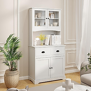 SILKYDRY 67” Kitchen Hutch Storage Cabinet, Tall Pantry Buffet Cabinet with Glass Doors, Adjustable Shelves, 2 Large Drawers, Dining Room Cupboard, Kitchen Hutch with Countertop