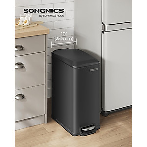 SONGMICS Slim Trash Can, 12.7-Gallon (48 L) Garbage Can for Narrow Spaces with Soft-Close Lid, Inner Bucket, and Step-on Pedal, Stainless Steel, 15 Trash Bags Included, Black ULTB510B48